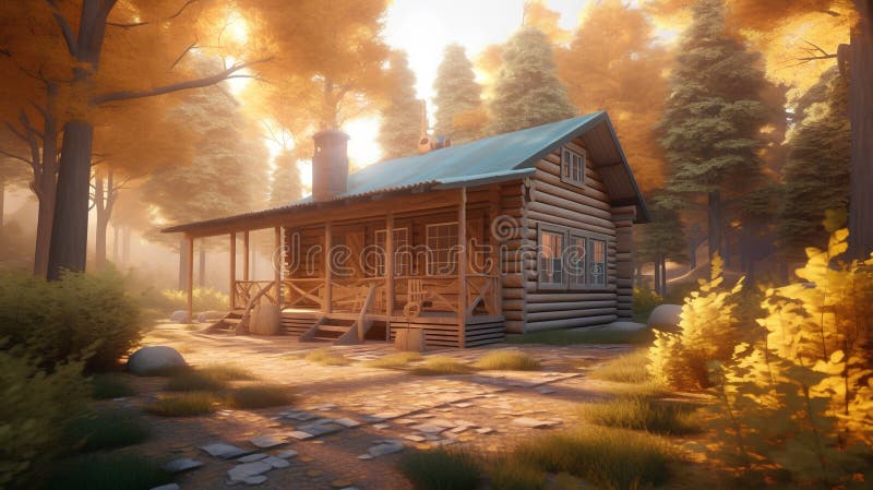 Wooden Log Cabin in the Autumn Forest. 3d Render Stock Illustration ...