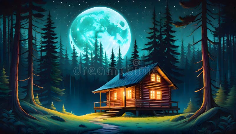 Wooden Log Cabin and Full Moon, Generative AI Stock Illustration ...