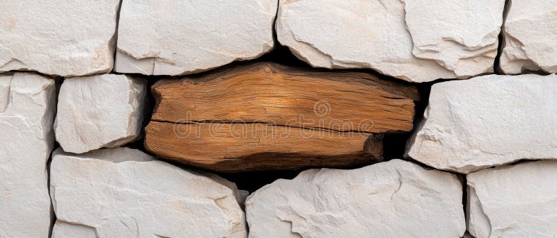 A Wooden Log is Embedded in a White Stone Wall. Stock Image - Image of ...