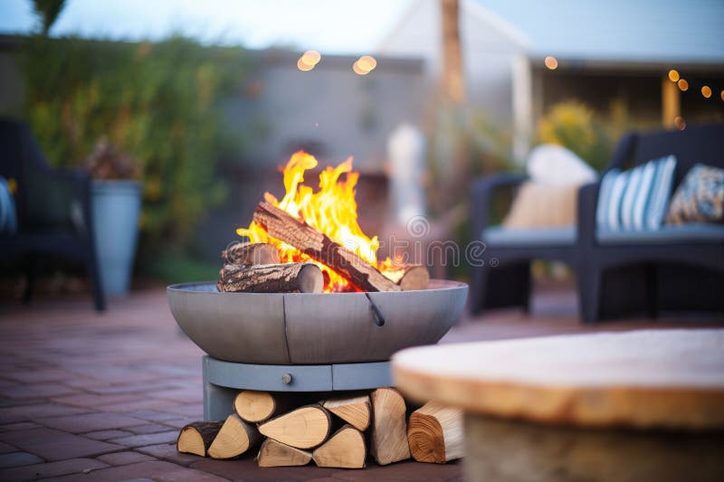 Wooden Log Fire in a Stone Fire Pit at Evening Stock Photo - Image of ...