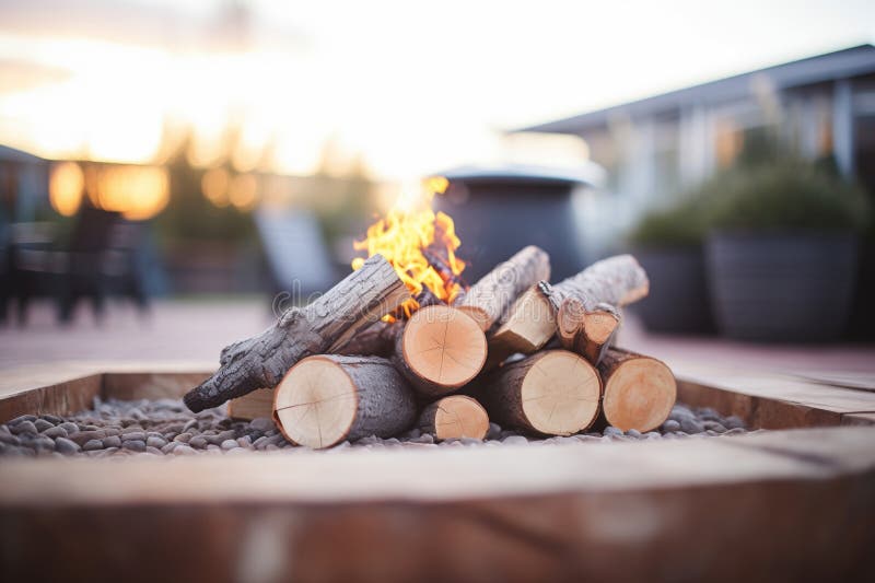 Wooden Log Fire in a Stone Fire Pit at Evening Stock Photo - Image of ...