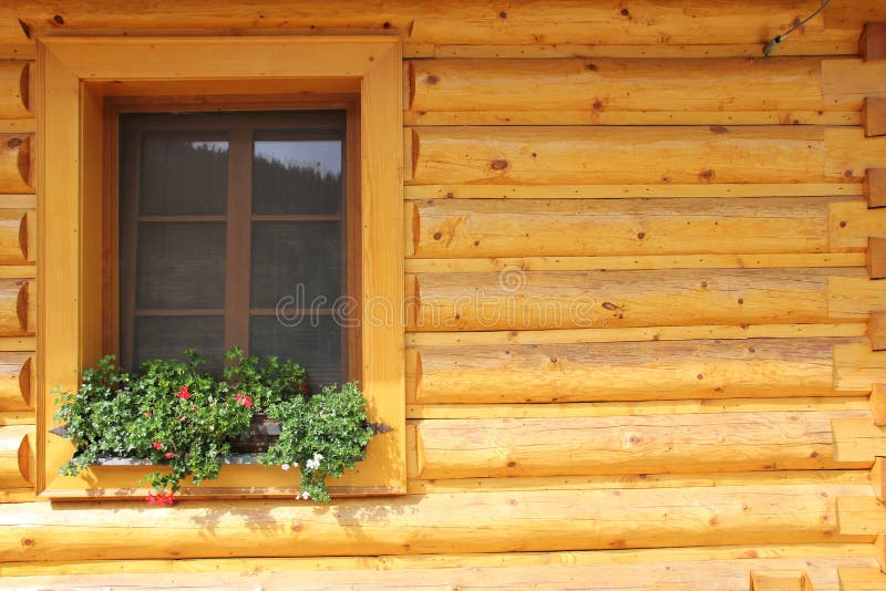 Wooden Log House, Natural Construction. Window and Wall Stock Image ...