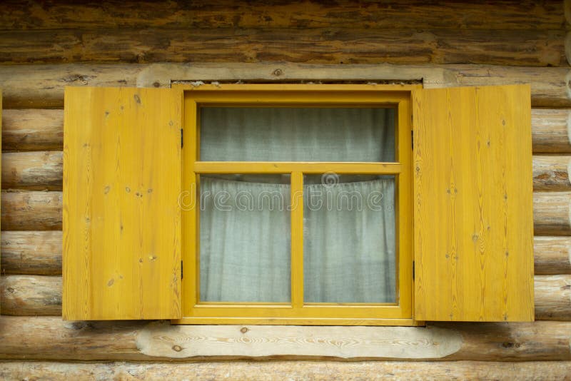 Wooden Log House. Window with Shutters of a Wooden House Stock Image ...