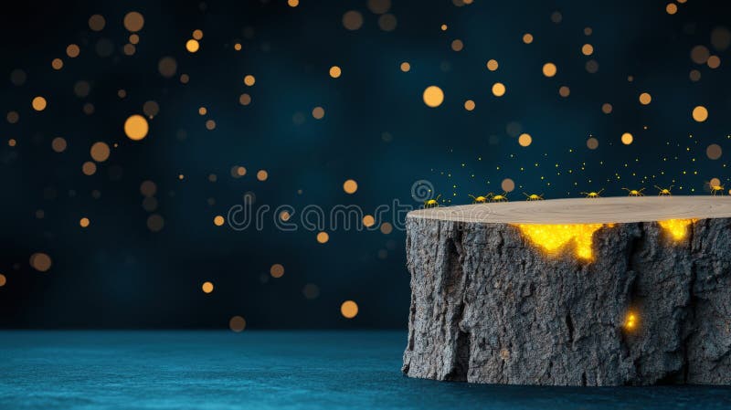 Wooden Log Illuminated with Magical Particles on a Dark Blue Background ...