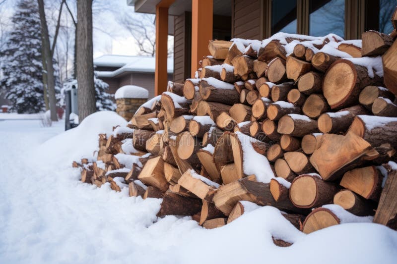 Wooden Log Pile in Snow, Ready for Outdoor Fire Pit Stock Photo - Image ...