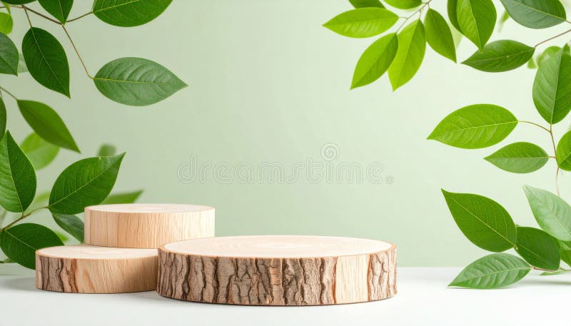 Wooden Log Slices Display on Green Background Stock Illustration ...