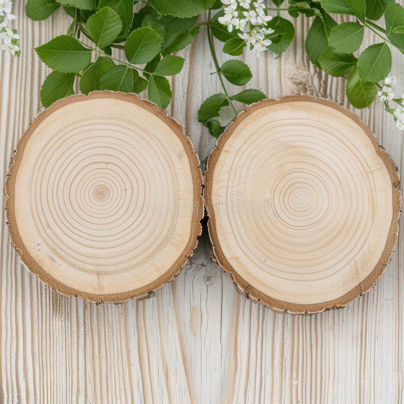 Wooden Log Slices on Rustic Wooden Background with Greenery Stock ...