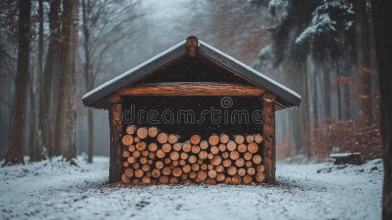 Wooden Log Storage Shelter in a Snowy Forest Stock Illustration ...