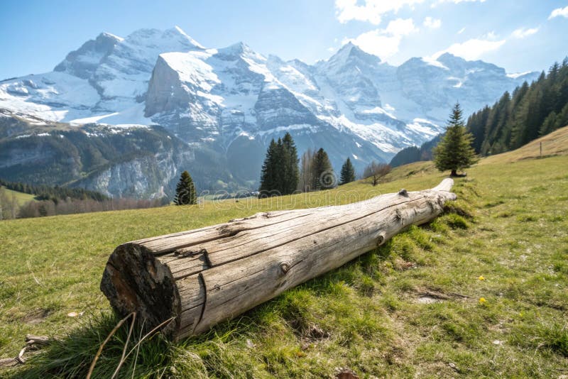 Wooden Log with Swiss Alps View Stock Illustration - Illustration of ...