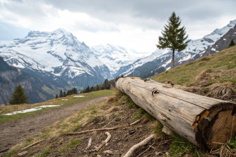 Wooden Log with Swiss Alps View Stock Illustration - Illustration of ...