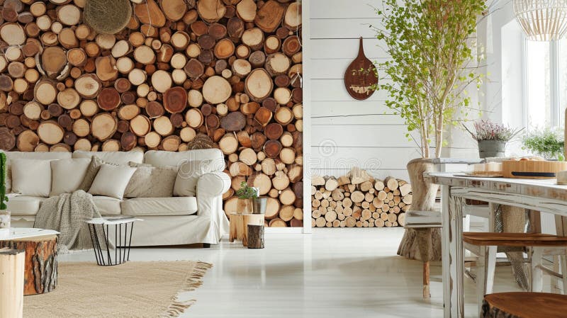 Wooden Log Texture Wallpaper in Cozy Dining Space of White Open Plan ...