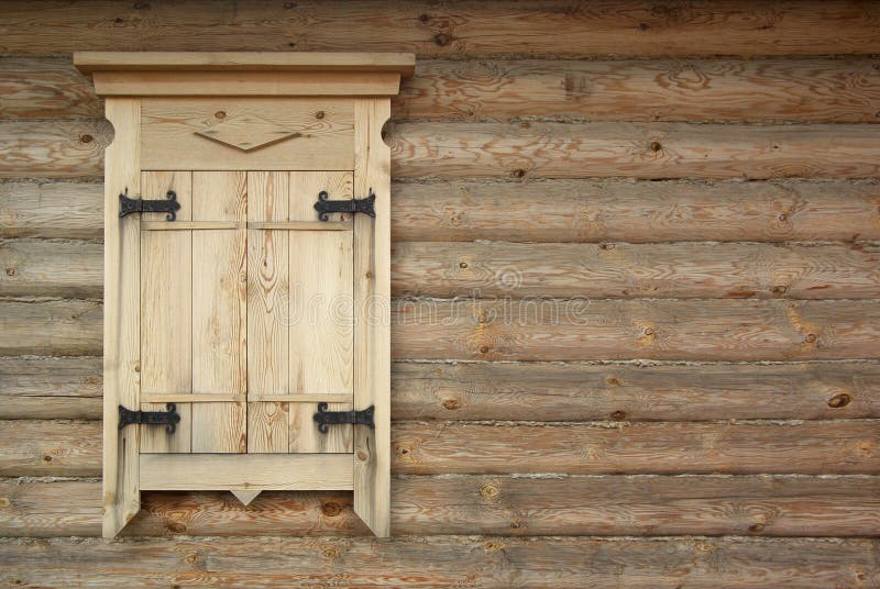 Log Wall with Closed Wooden Window Shutters Stock Image - Image of ...