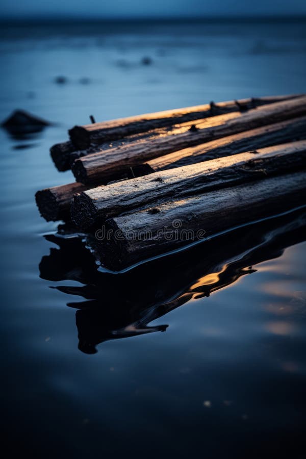 Wooden Logs Floating in the Water at Sunset Stock Illustration ...