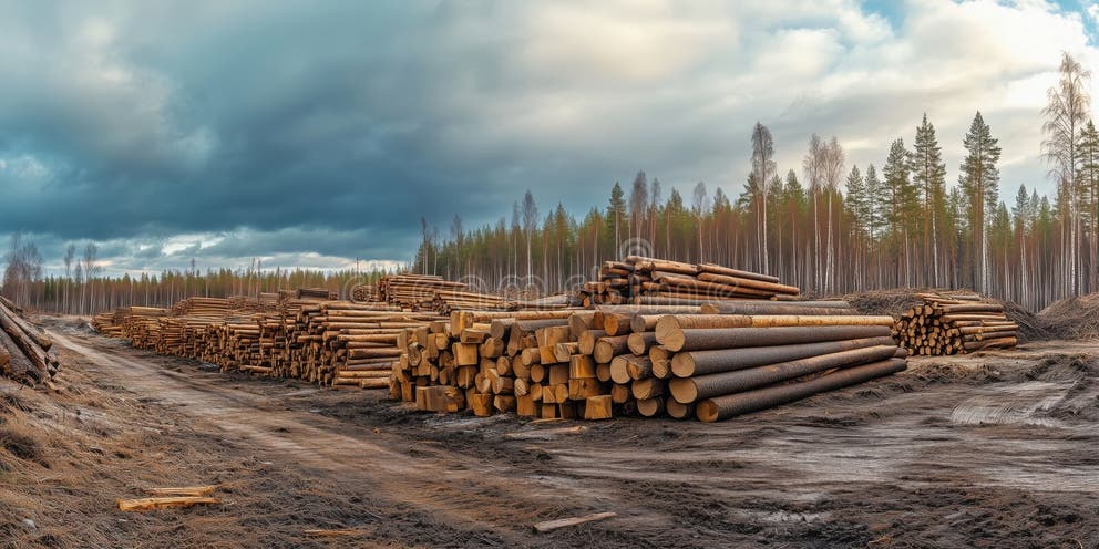 Wooden Logs Stacked in a Forest Clearing Under Dramatic Cloudy Sky ...