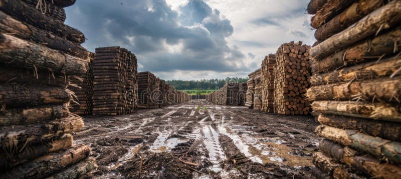 Wooden Logs Stacked in Open Field Under Cloudy Sky for Industrial ...