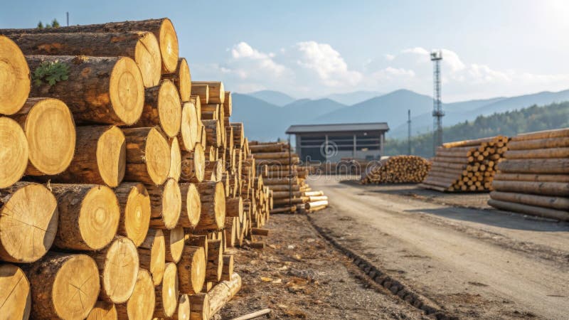 Wooden Logs Stacked Vertically in Lumber Processing Facility ...