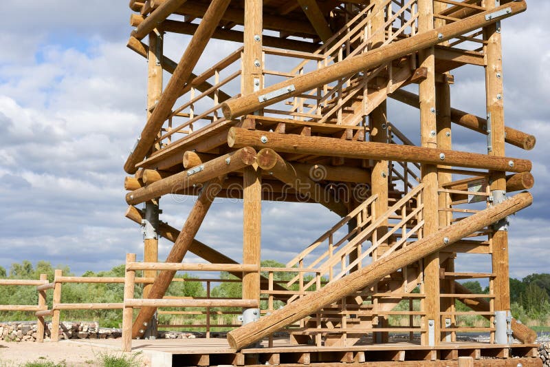 Wooden Lookout Observation Tower Closeup Cloudy Background Stock Image ...