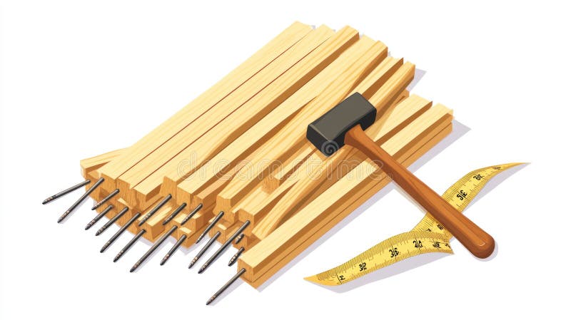 Wooden Lumber Stack with Hammer and Tape Measure Illustration Stock ...