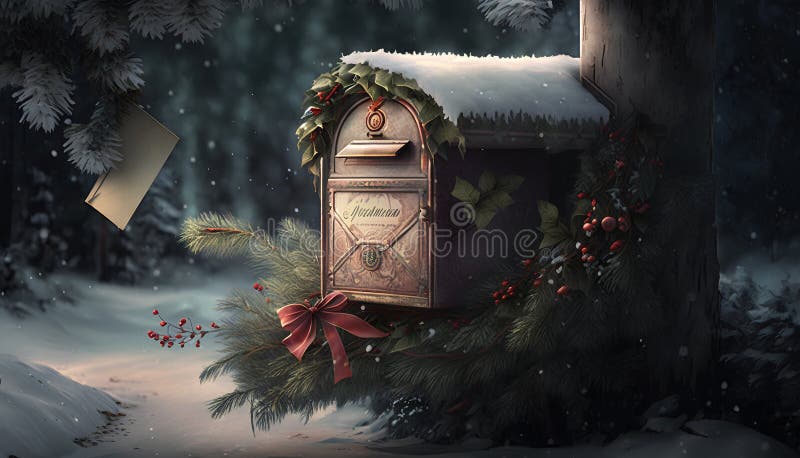 Wooden Mailbox with Christmas Decorations in Winter Forest. 3D ...
