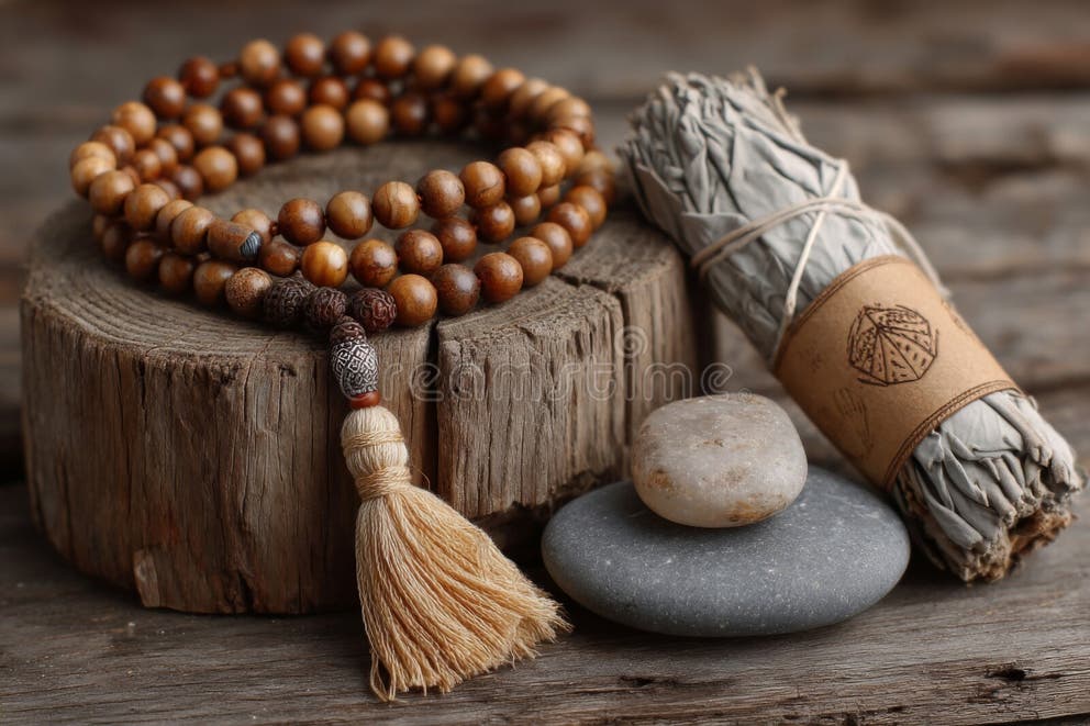 Wooden Mala Beads and Sage Bundle on Rustic Wood Stock Illustration ...