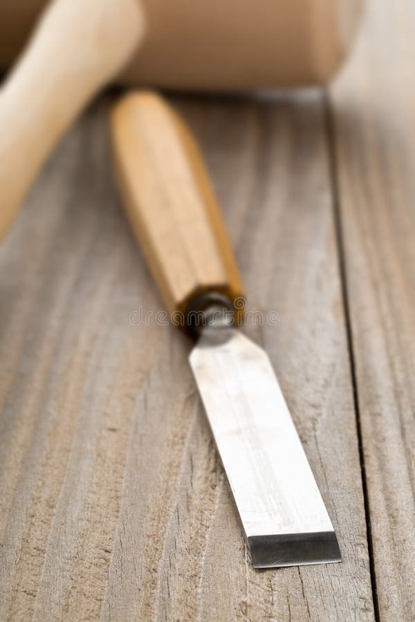 Wooden Mallet and Chisel on Wooden Table Stock Image - Image of head ...
