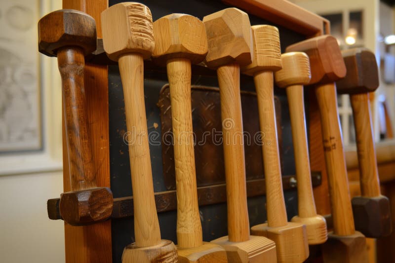 Wooden Mallets and Hammers Aligned on a Vertical Rack Stock Photo ...
