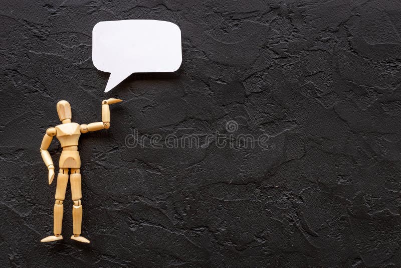 Wooden Man Figure Presenting and Showing on Speech Bubble Banner Stock ...