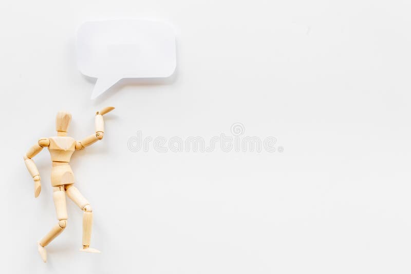 Wooden Man Figure Presenting and Showing on Speech Bubble Banner Stock ...