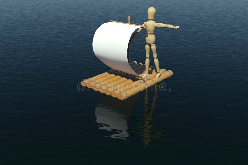 The Wooden Man Floats on a Raft with a White Sail Stock Illustration ...