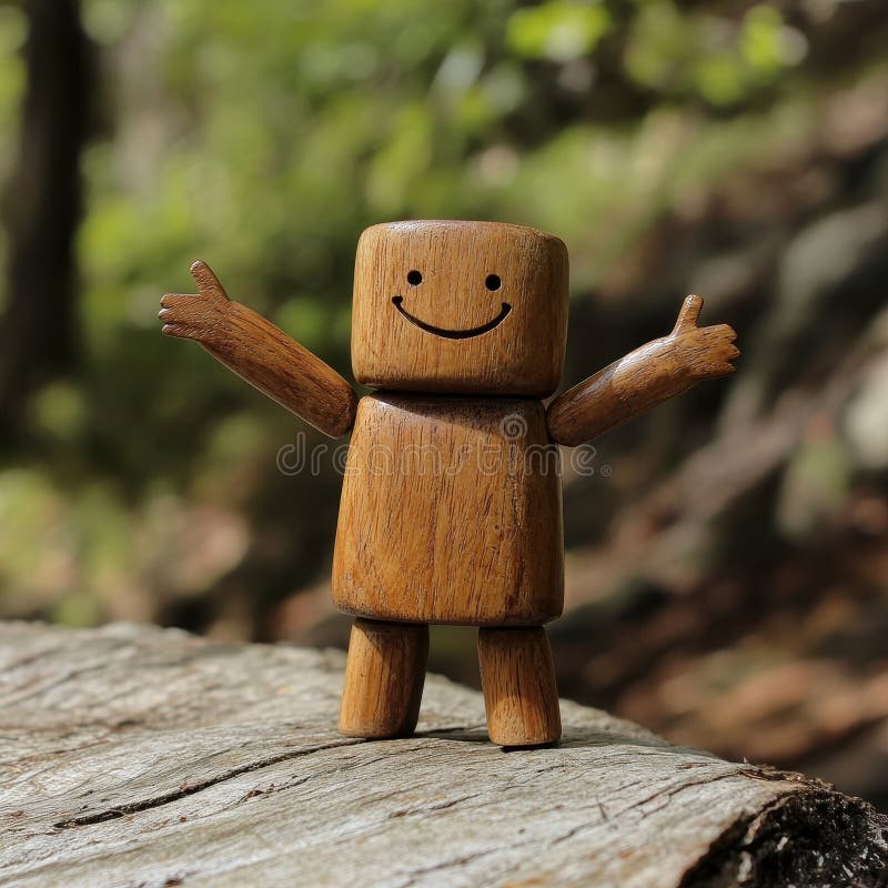 Wooden Man with Smiley Face on a Tree Stump with Green Background Stock ...
