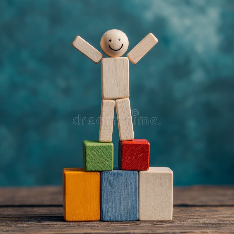 Wooden Man on the Top of a Stack of Cubes. Business Concept Stock ...