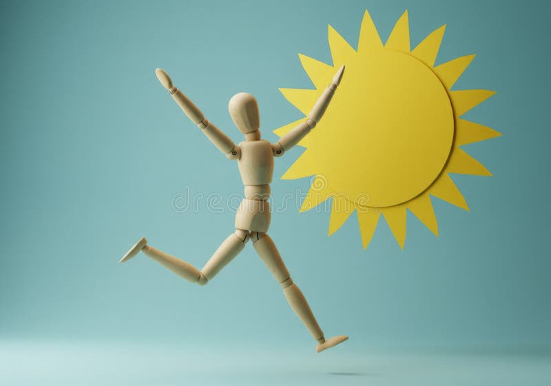 Wooden Mannequin Running Towards a Yellow Sun Stock Illustration ...