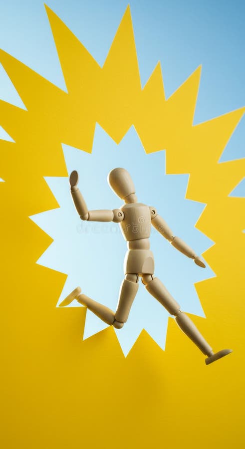 Wooden Mannequin Running through Yellow Starburst Stock Illustration ...