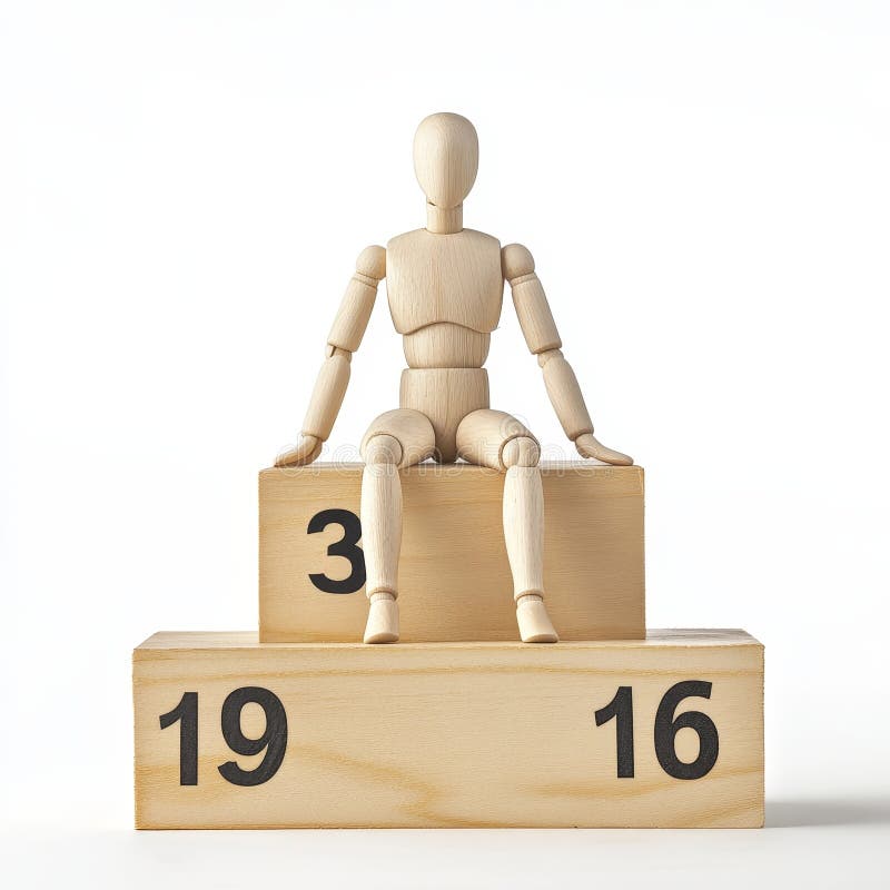 Wooden Mannequin Sitting on the Podium. 3D Rendering Stock Illustration ...