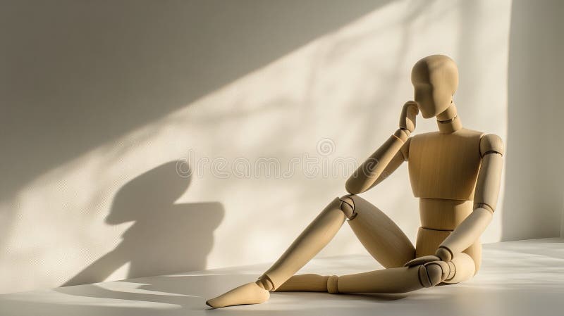 Wooden Mannequin Sitting and Thinking Under Natural Light Stock Image ...