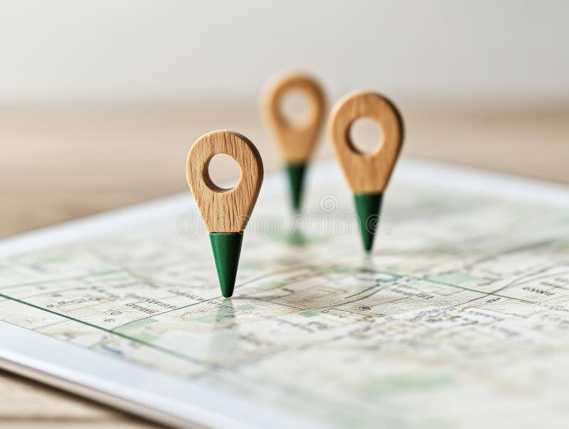 Wooden Map Markers Placed on a Vintage Style Map, Symbolizing ...