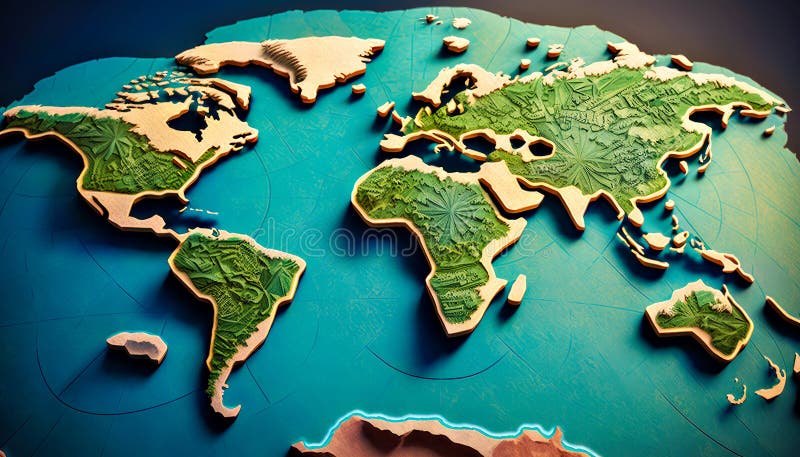 Wooden Map of the World on Blue Surface Generative AI Stock ...