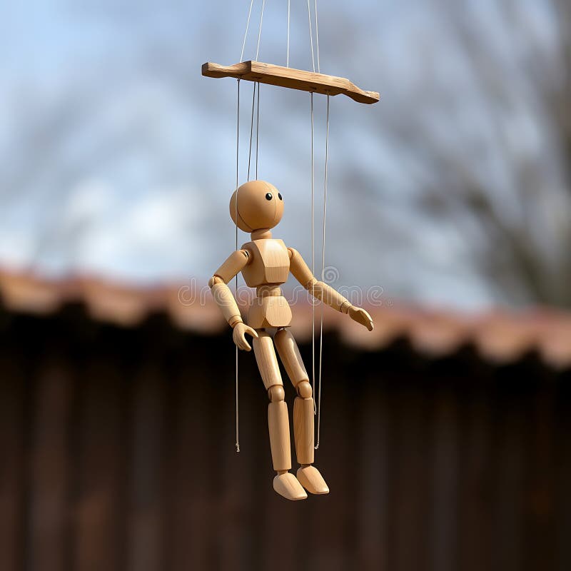 A Wooden Marionette Puppet with Strings Hanging in Midair Stock ...