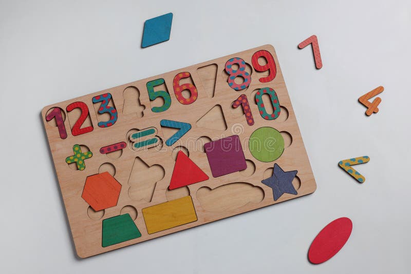 Wooden Math Game Kit for Children on White Table, Flat Lay Stock Photo ...