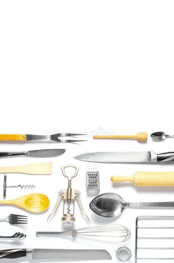 Wooden and Metal Kitchen Utensils. Tools for Cooking. White Background ...