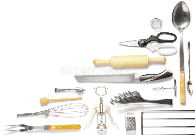 Wooden and Metal Kitchen Utensils. Tools for Cooking. White Background ...
