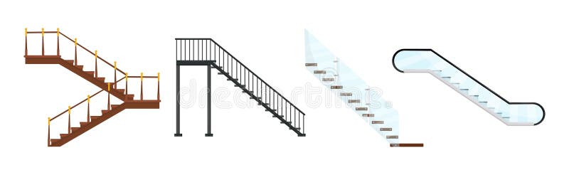 Wooden and Metal Staircase with Handrails Vector Set Stock Vector ...