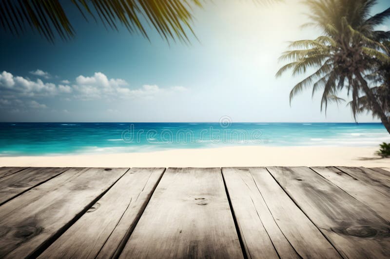 Wooden Mockup Template Surface with Blurred Palms and Ocean on the ...