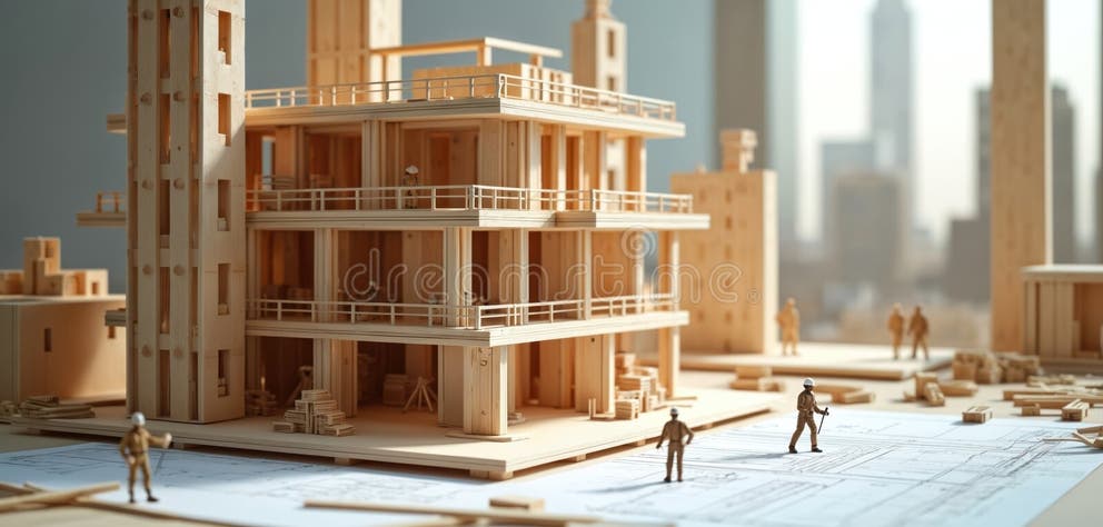 Wooden Model Building Construction Site with Tiny Workers Standing on ...