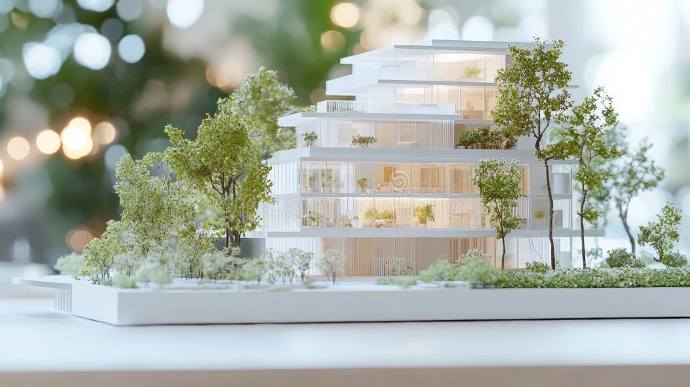 This Wooden Model Features Greenery Around an Apartment Complex. Stock ...