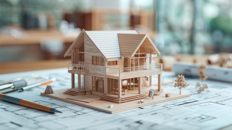 A Wooden Model House on Architectural Blueprints with Drawing Tools ...