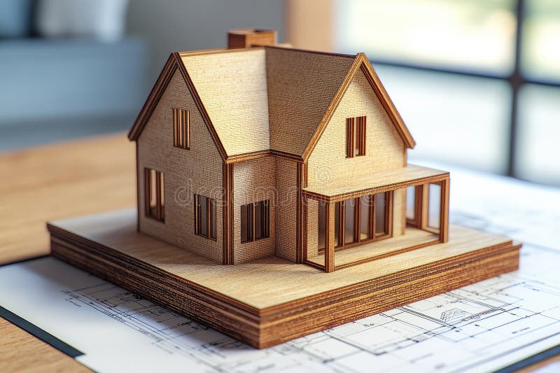 Wooden Model House on Blueprint at Desk Stock Illustration ...