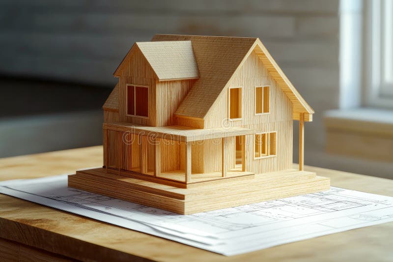 Wooden Model House on Blueprint at Desk. Architect Engineer Workplace ...