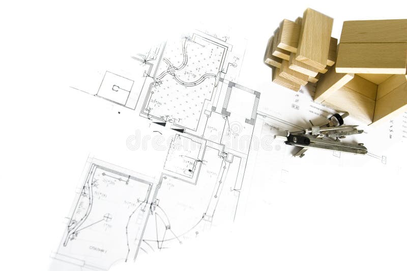 Wooden Model of House and Blueprints Stock Image - Image of drawing ...