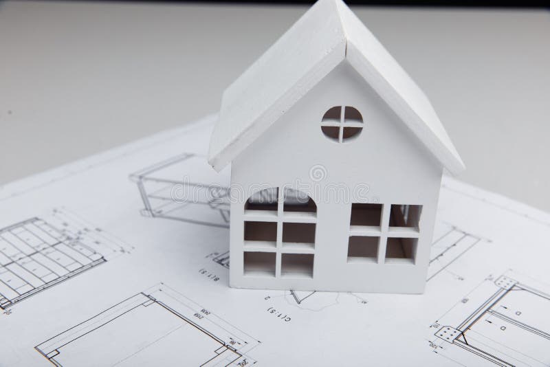 Wooden Model of House on Drawing Close-up Stock Image - Image of sketch ...